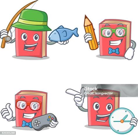 빨간 책 문자 낚시 학생 게이머 클록 벡터 일러스트 레이 션의 설정 개념에 대한 스톡 벡터 아트 및 기타 이미지 개념