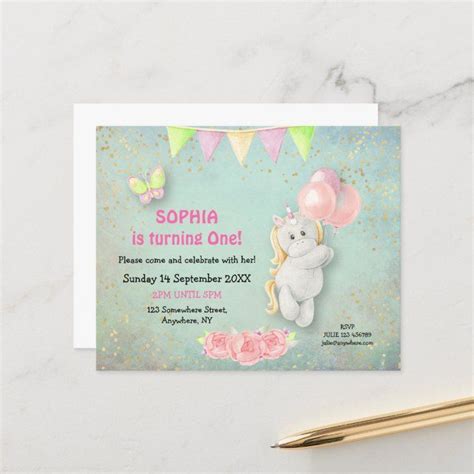Budget Cute Unicorn First Birthday Invitation Zazzle