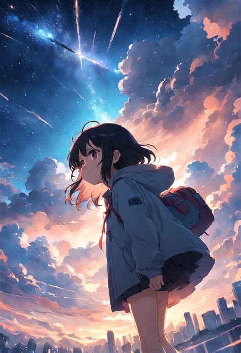杰作、顶级品质、电影剧照、1 女孩在、黑发、派克大衣、云女孩、漂浮在天空中、特写、有光发光、幸福、温暖柔和的灯光、星空、火花07、請勿