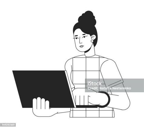 사무실에서 노트북을 사용하는 여자 Bw 벡터 스팟 일러스트레이션 단일 이미지에 대한 스톡 벡터 아트 및 기타 이미지 단일