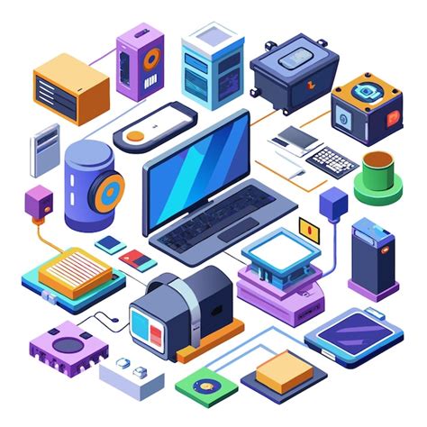 An Isometric Illustration Of Various Computer Hardware Components And