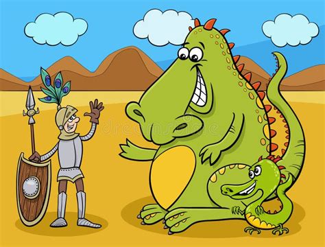 Dragons And Knight Having A Friendly Talk Cartoon Illustration Stock