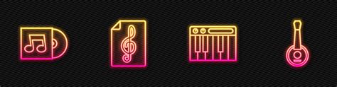세트 라인 음악 신디사이저 비닐 디스크 트레블 클레프와 밴조 빛나는 네온 아이콘 벡터 Dj에 대한 스톡 벡터 아트 및 기타