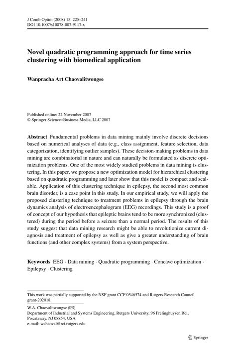 Pdf Novel Quadratic Programming Approach For Time Series Clustering