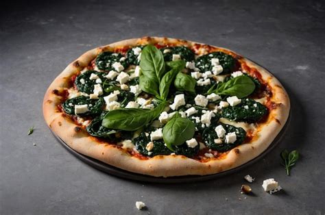 Spinach Pizza With Roasted Garlic Feta And Sundried Tomatoes Premium