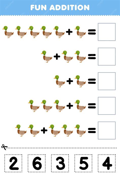만화 오리 인쇄 가능한 농장 워크시트에 대한 올바른 숫자를 잘라내어 일치시켜 어린이를 위한 교육 게임 재미 추가 프리미엄 벡터