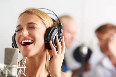 Music Singing And Woman With Microphone Headphones And Band