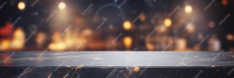 몽타주 제품 디스플레이를 위한 흐릿한 보케 주방실 내부 배경의 현대적인 비어 있는 어두운 대리석 테이블 상단 또는 주방 섬 프리미엄 Ai 생성 이미지