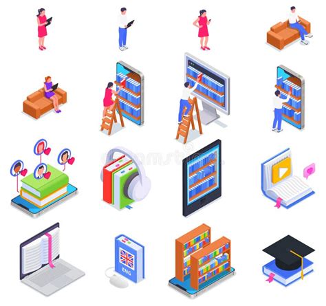 Library Isometric Icons Set Stock Vector Illustration Of Concept