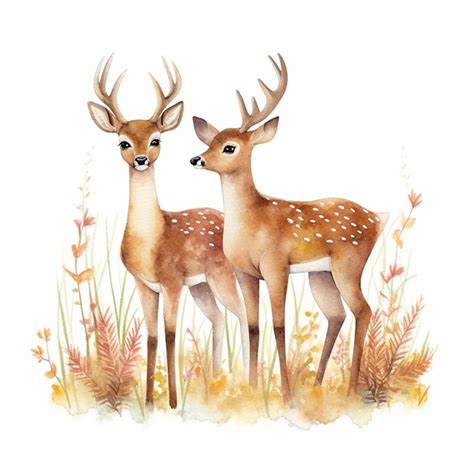 There Are Two Deers Standing In The Grass With Leaves Generative Ai