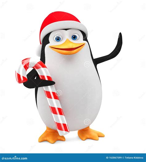 Cheerful Penguin In A Red Hat And Candy On A White Background 3d Rendering Illustration New