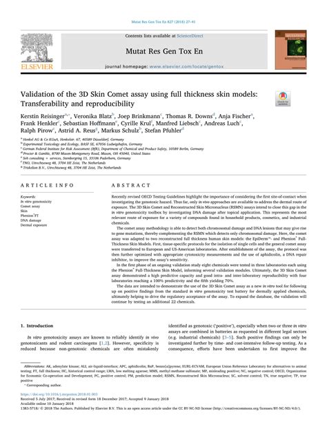 Pdf Validation Of The 3d Skin Comet Assay Using Full Thickness Skin