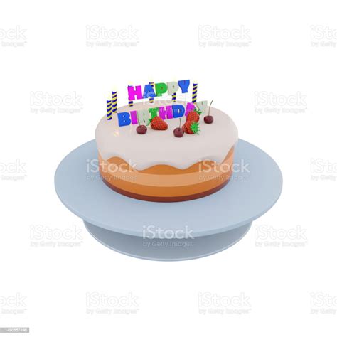 화려한 배너와 촛불이 있는 3d 렌더링 생일 케이크 상단 아이콘 3d는 과일 케이크 잘 익은 열매 촛불 아이콘으로 생일 인사말을