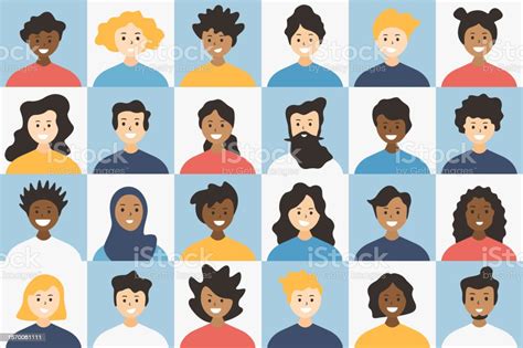 사람들 아바타 스퀘어 아이콘 세트 소셜 네트워크 및 응용 프로그램에 대한 다양한 얼굴 프로필 벡터 추상 그림 사람 얼굴에 대한