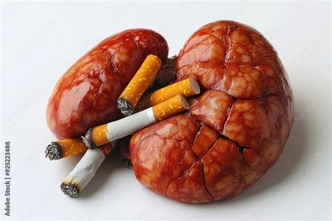 Rotten Human Liver With Cigarettes Sticking Out Placed Against A Pure