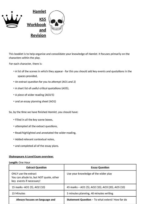 Hamlet Booklet Hamlet Ks Workbook And Revision This Booklet Is To