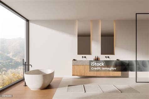 독립형 욕조 미니멀한 세면대 경치 좋은 전망을 감상할 수 있는 대형 창문이 있는 현대적인 욕실 3d 렌더링 0명에 대한 스톡 사진 및 기타 이미지 Istock