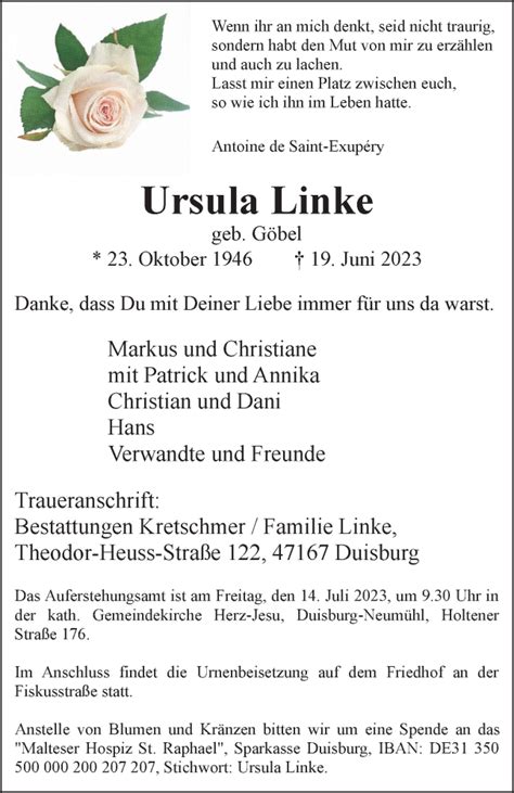 Traueranzeigen Von Ursula Linke Trauer In NRW De