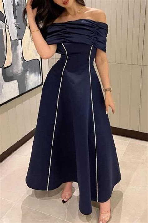 Chic Dark Navy Off The Shoulder Prom Dress Evening Gown