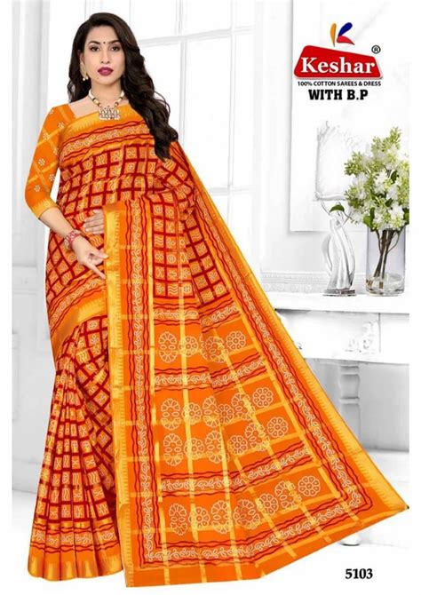 Casual Printed Keshar Bandhani Cotton Patola Saree 550 With Blouse