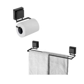 kit lavabo banheiro preto fosco ventosa peças Future porta toalha banho duplo e porta papel