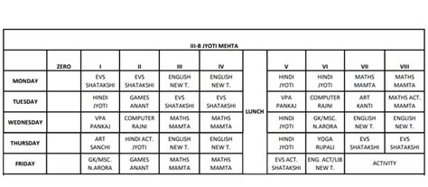 Class Wise School Time Table Kdb Public School