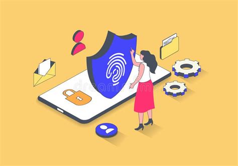Cyber Security Concept In 3d Isometric Design Woman Scanning Fingerprint For Secure Access And