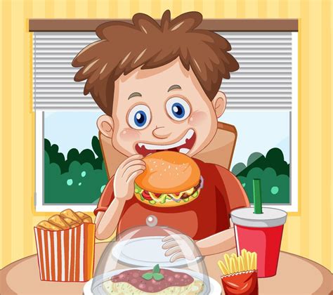 Un Niño Comiendo Comida Chatarra En La Mesa 7699314 Vector En Vecteezy