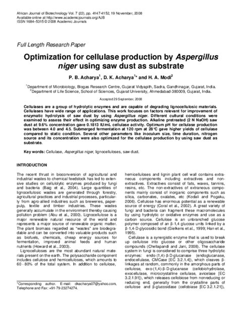 Pdf Optimization For Cellulase Production By Aspergillus Niger Using