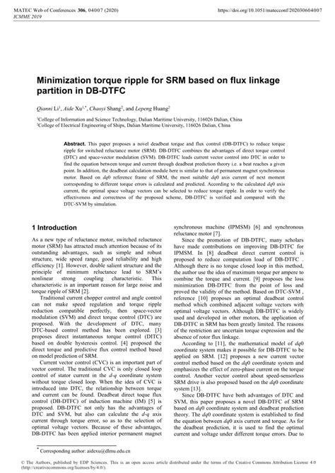 PDF Minimization Torque Ripple For SRM Based On Flux Linkage Partition In DB DTFC