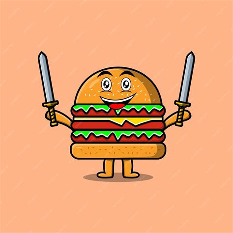 3d 현대적인 디자인 일러스트레이션에서 두 개의 칼을 들고 있는 귀여운 만화 버거 캐릭터 프리미엄 벡터