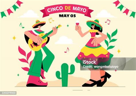 Cinco De Mayo 멕시코 휴일 축하 벡터 일러스트 레이 션 선인장 기타 솜브레로 데킬라 음료를 평면 스타일 배경에 포함 5월에 대한 스톡 벡터 아트 및 기타 이미지