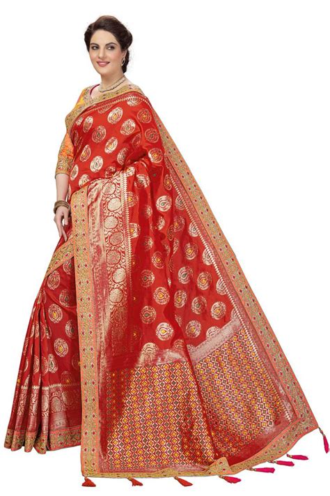 Trendmalls Womens Red Silk Embroidered Jacquard Work Party Wear Saree