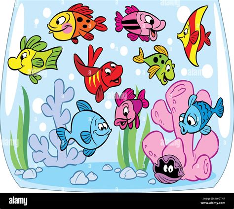 Lustige Cartoon Fische Schwimmen In Einem Aquarium An Der Unterseite