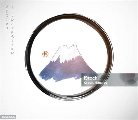 심플한 미니멀한 스타일로 스노우 후지야마 산과 흰색 배경에 엔소 선 원 일본의 전통 잉크 워시 페인팅 스미e 상형 문자의 번역