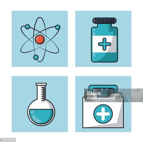 원자 기호 및 응급 처치 키트와 테스트 튜브와 약 병 프레임 흰색 배경 1위에 대한 스톡 벡터 아트 및 기타 이미지 1위 건강 진단 건강관리와 의술 Istock