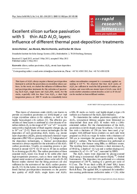 Pdf Surface Passivation Of Silicon Solar Cells Using Industrially Relevant Al2o3 Deposition