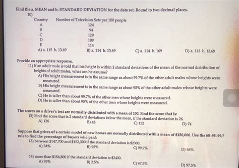 Solved Find The A MEAN And B STANDARD DEVIATION For The Chegg Com