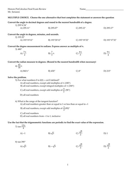Honors Precalculus Final Exam Review