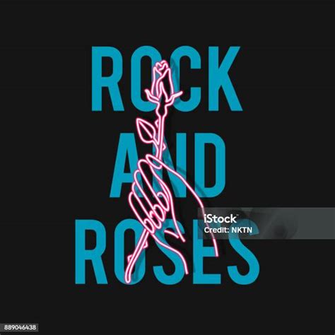 로즈 핸드입니다 바위와 장미 슬로건입니다 타이 포 그래피 티셔츠 그리기 그래픽 인쇄 패션입니다 벡터 스티커 인쇄 패치 빈티지 록