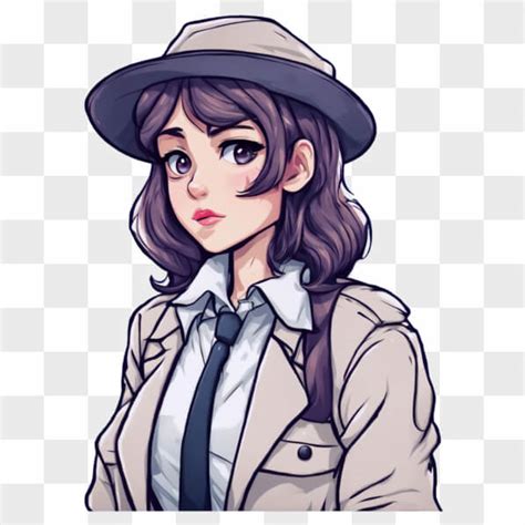 Download Stylish Anime Girl In Trench Coat Tie And Hat Cartoons
