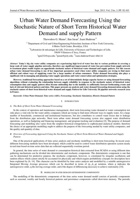 Pdf Urban Water Demand Forecasting Using The Stochastic Nature Of Short Term Historical