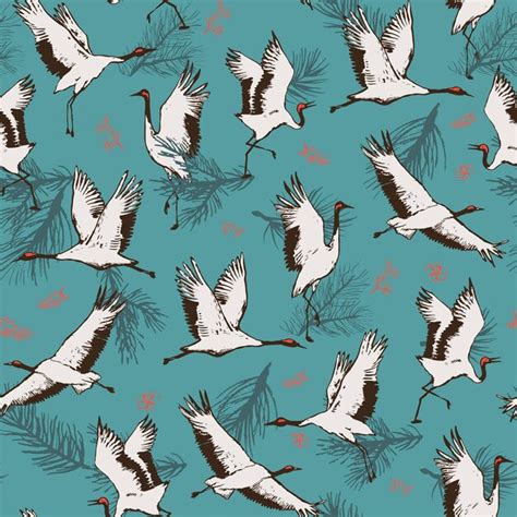 Premium Vector Japanese Crane Vector Seamless Bird Pattern