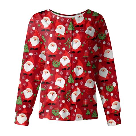 Purjkpu Scrub Jackets For Women Clearance Christmas Santa Printed
