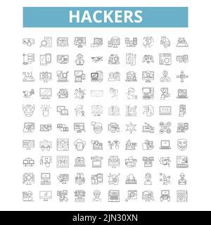 Hackers vector línea iconos set hacking cracker malware virus