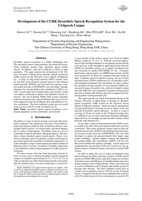 Pdf Development Of The Cuhk Dysarthric Speech Recognition System For