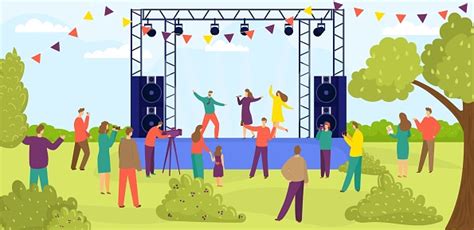 현대 야외 록 음악 축제 사람들이 함께 엔터테인먼트 공연 플랫 벡터 일러스트레이션 배너 숲 장소를 보고 캐릭터 군중에 대한 스톡 벡터 아트 및 기타 이미지 Istock