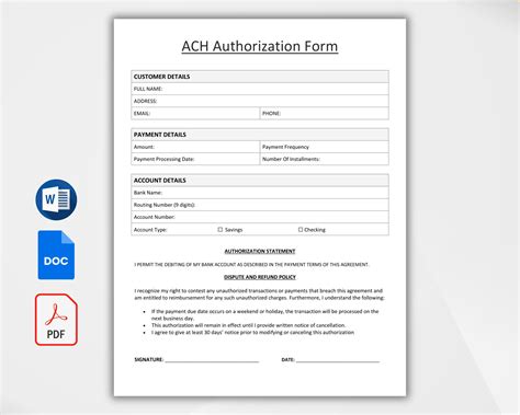 Ach Authorization Form Template Editable Debit Authorization For Payment Ach Payment Template