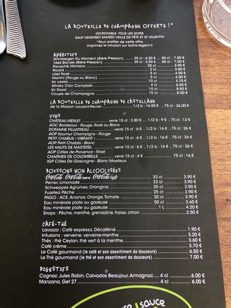 Menu au Bistro Régent Le Mans Saint Saturnin restaurant Saint Saturnin