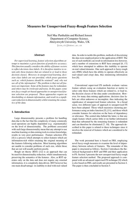 Pdf Measures For Unsupervised Fuzzy Rough Feature Selection